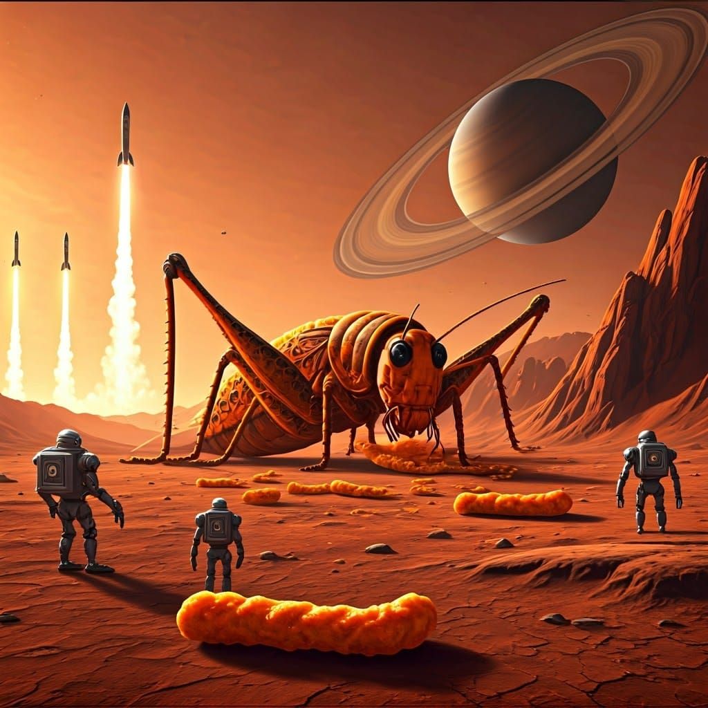 Cyberpunk Cheetos Crickets on Mars with Robots and... - AI Art
