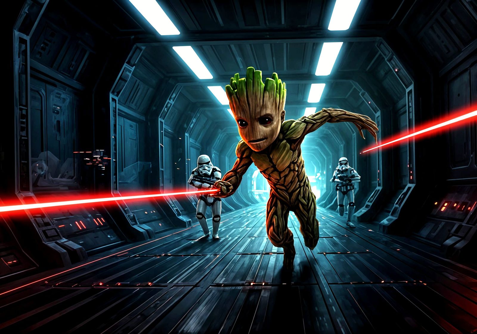 Groot Battles Stormtroopers in Futuristic Space Co... - AI Art