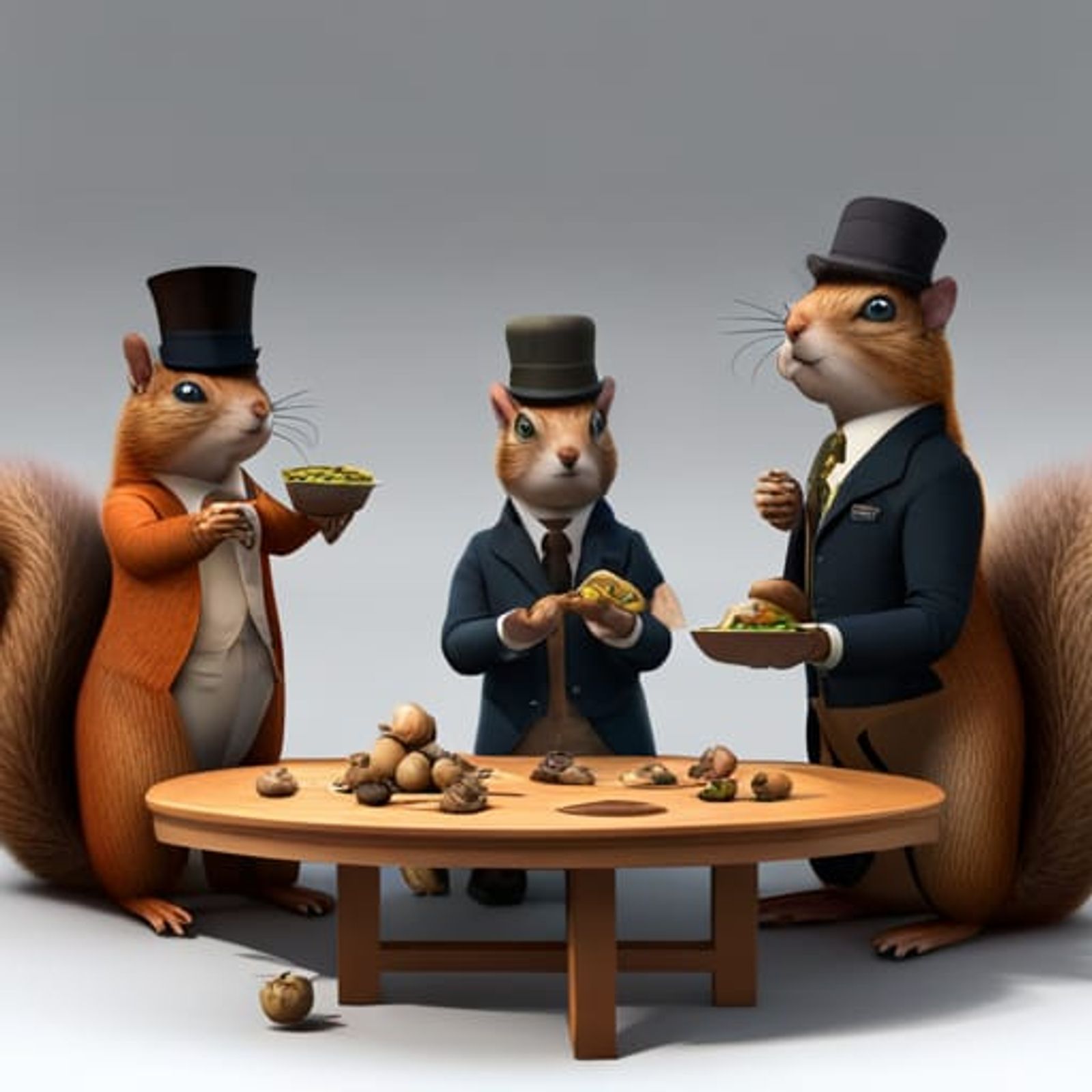 squirrels wearing a monocle and edwardian suits sitting at a table counting acorns ...
