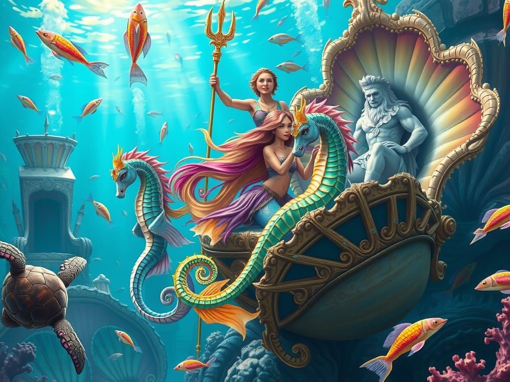 Mermaids Racing Seahorses in Underwater Maze as Po... - AI Art