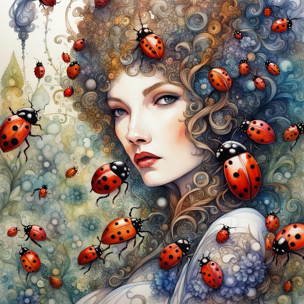vibrant detailed ladybugs, intricate filigree, fairy village ...