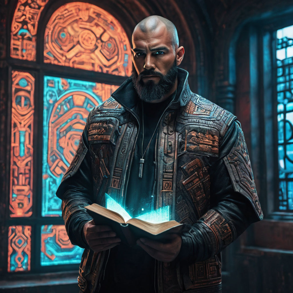 Cyberpunk Hero with Aztec Jacket in Dystopian City - AI Art