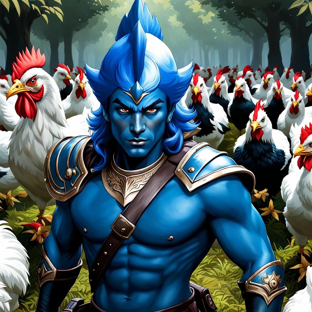 A blue-skinned Triton ranger from DND with a horde of chickens behind ...