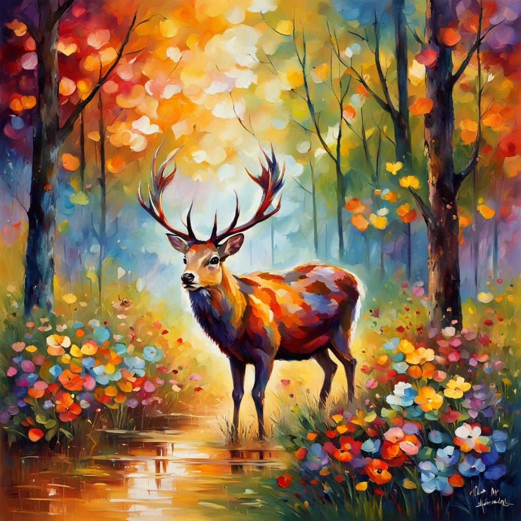 A stag in a colorful forest - Vibrant Impressionist Stag in ...