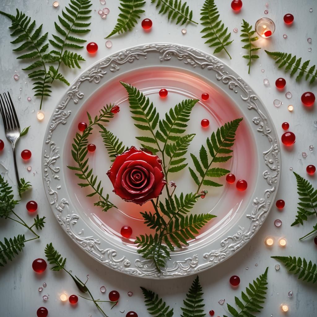 A red rose and ferns made entirely of jelly, served on a plate on a ...