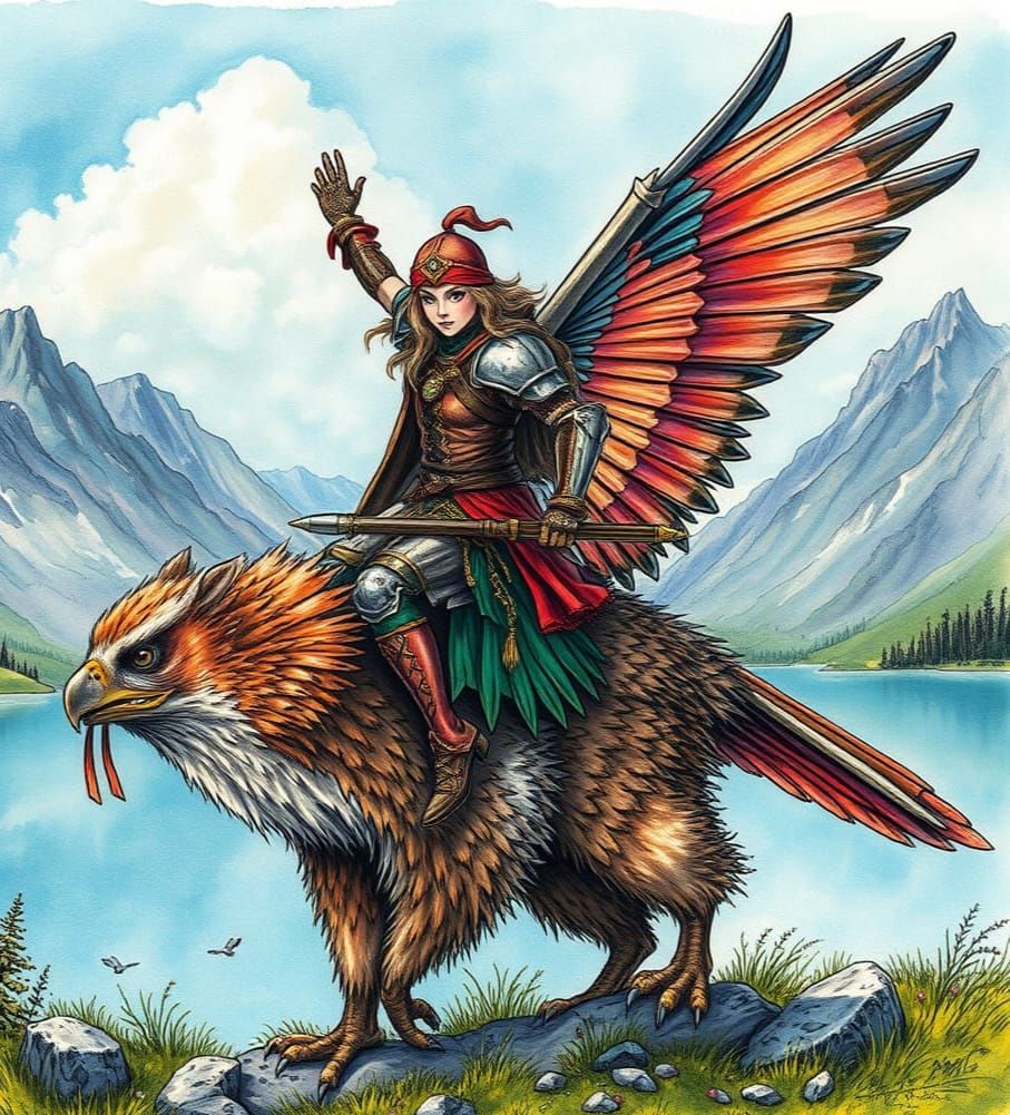 Portrait of a FAIRY WARRIOR dressed for battle, riding upon a giant ...