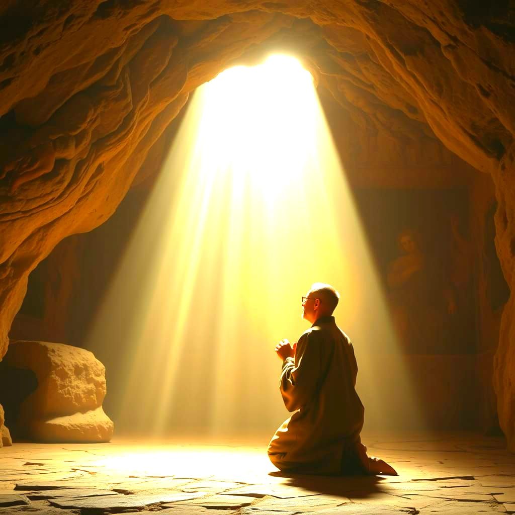 Monk Praying in Grotto: Renaissance Style Light an... - AI Art