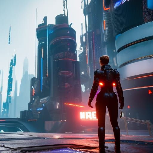 beautiful cyberg women, tight clothes, jacket, realistic, dark, glowing ...