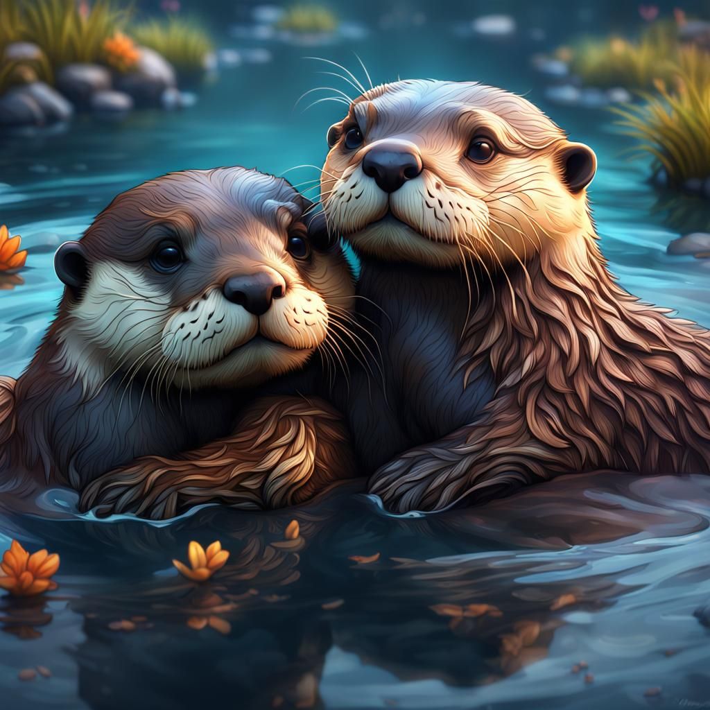 Cuddling Otters - AI Generated Artwork - NightCafe Creator