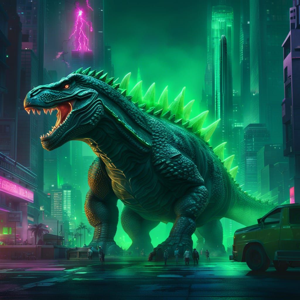 Godzilla with a tyrannosaurus head, big green glowing jagged dorsal ...
