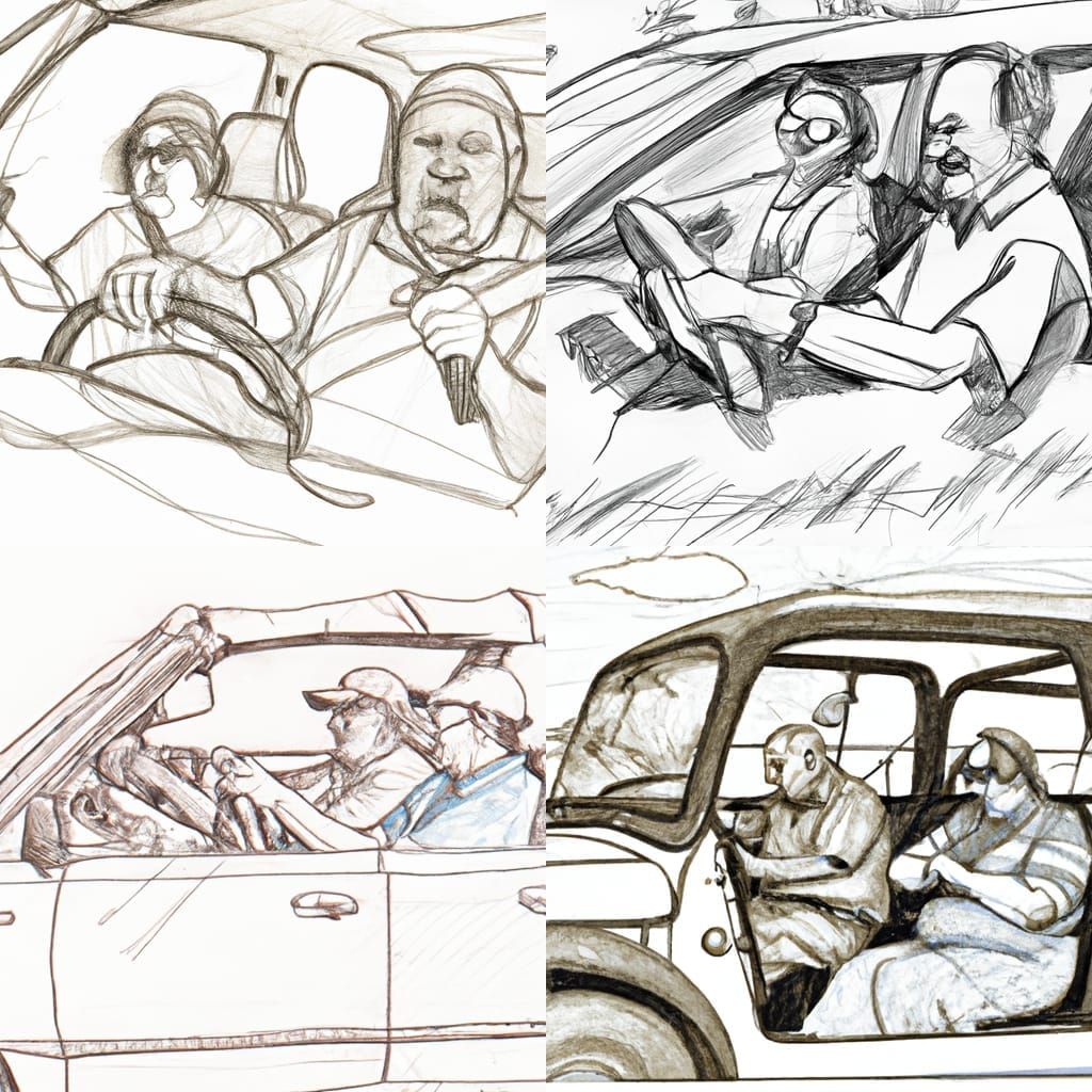 sketch from a couple of elders driving a cara, sketch penciled like a ...