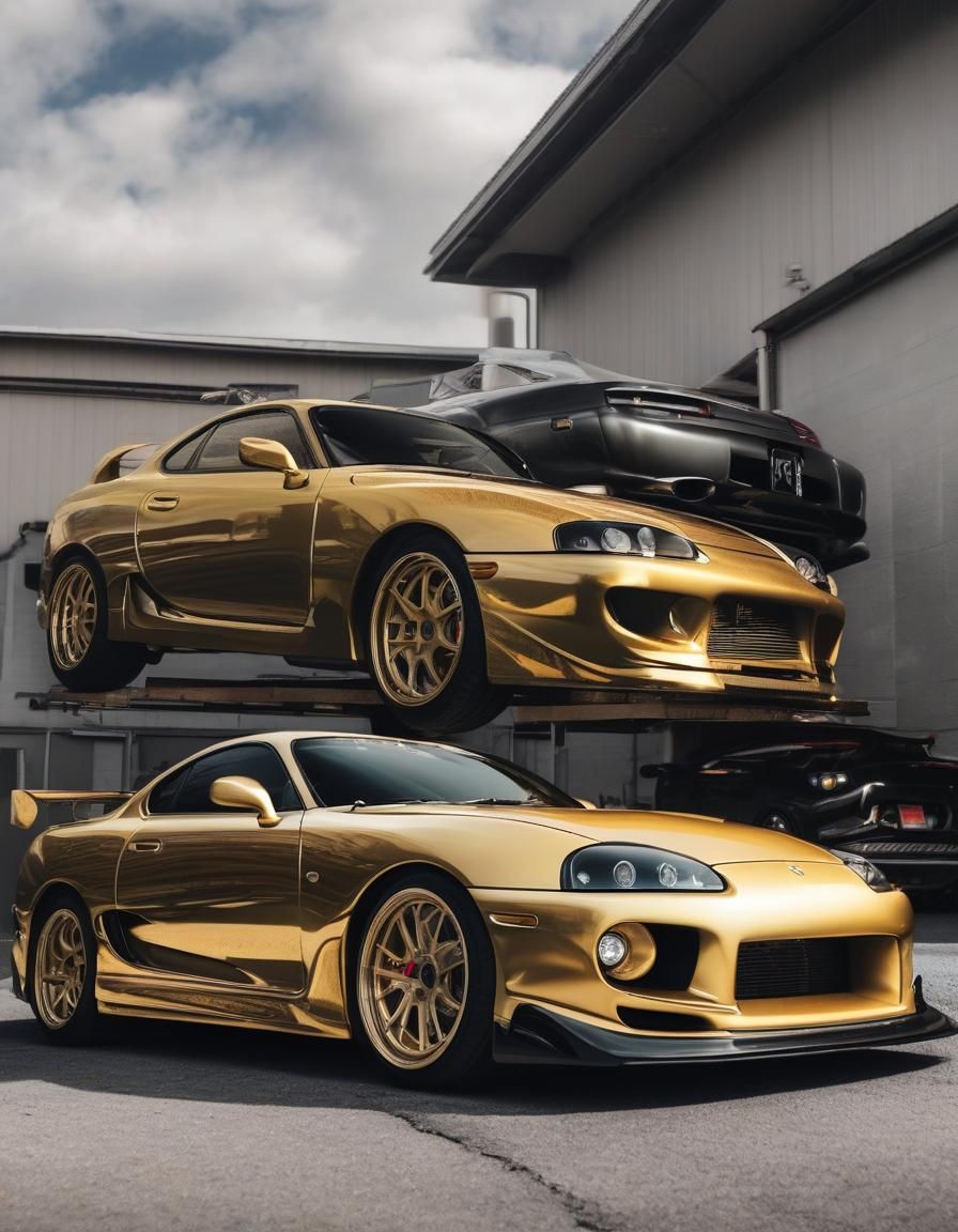 A gold colored supra . Background is of a car garage. - AI Generated ...