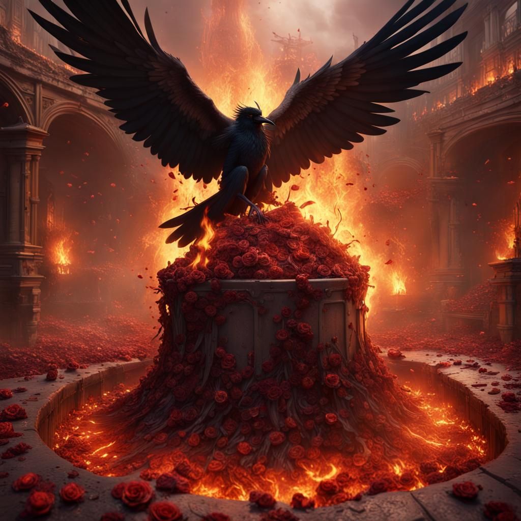 A woman with crow wings falls into a burning pit, embers floating upward, dried roses surround ...