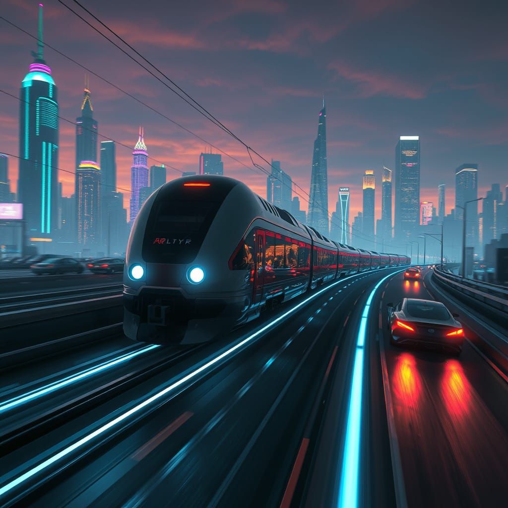 Train. DALLE-3. AI Vision. - Sleek Futuristic Train Zooms Th...