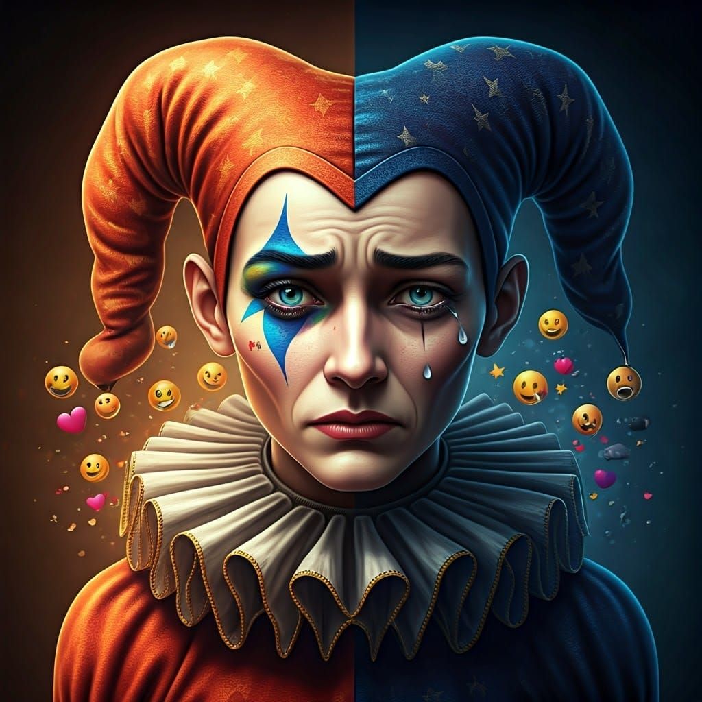 A highly detailed, 3D-rendered image of a whimsical jester with a face ...