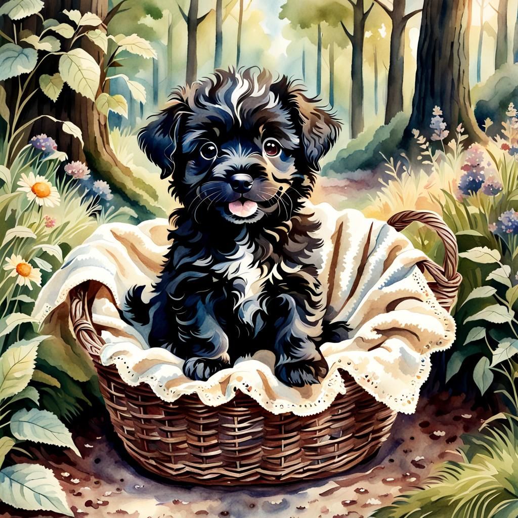A watercolor painting of a cute smiley, fluffy black patterpoo puppy ...
