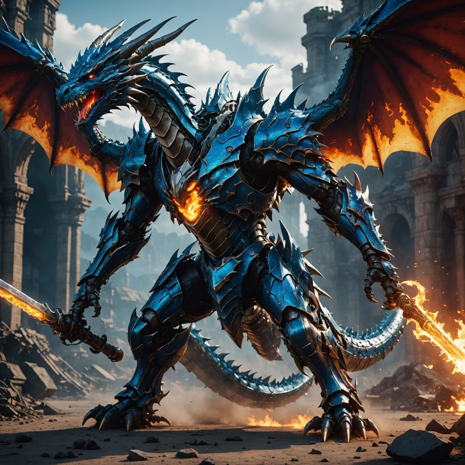 Epic Cyberpunk Dragon Battles Futuristic Knight in... - AI Art