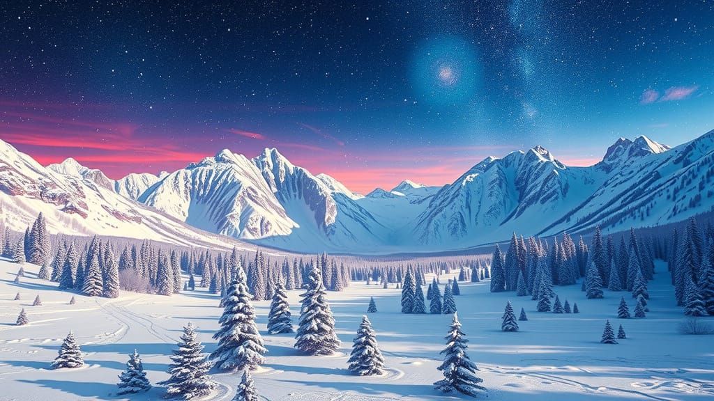 Majestic Starry Night Snowscape in Cyberpunk Style - AI Art