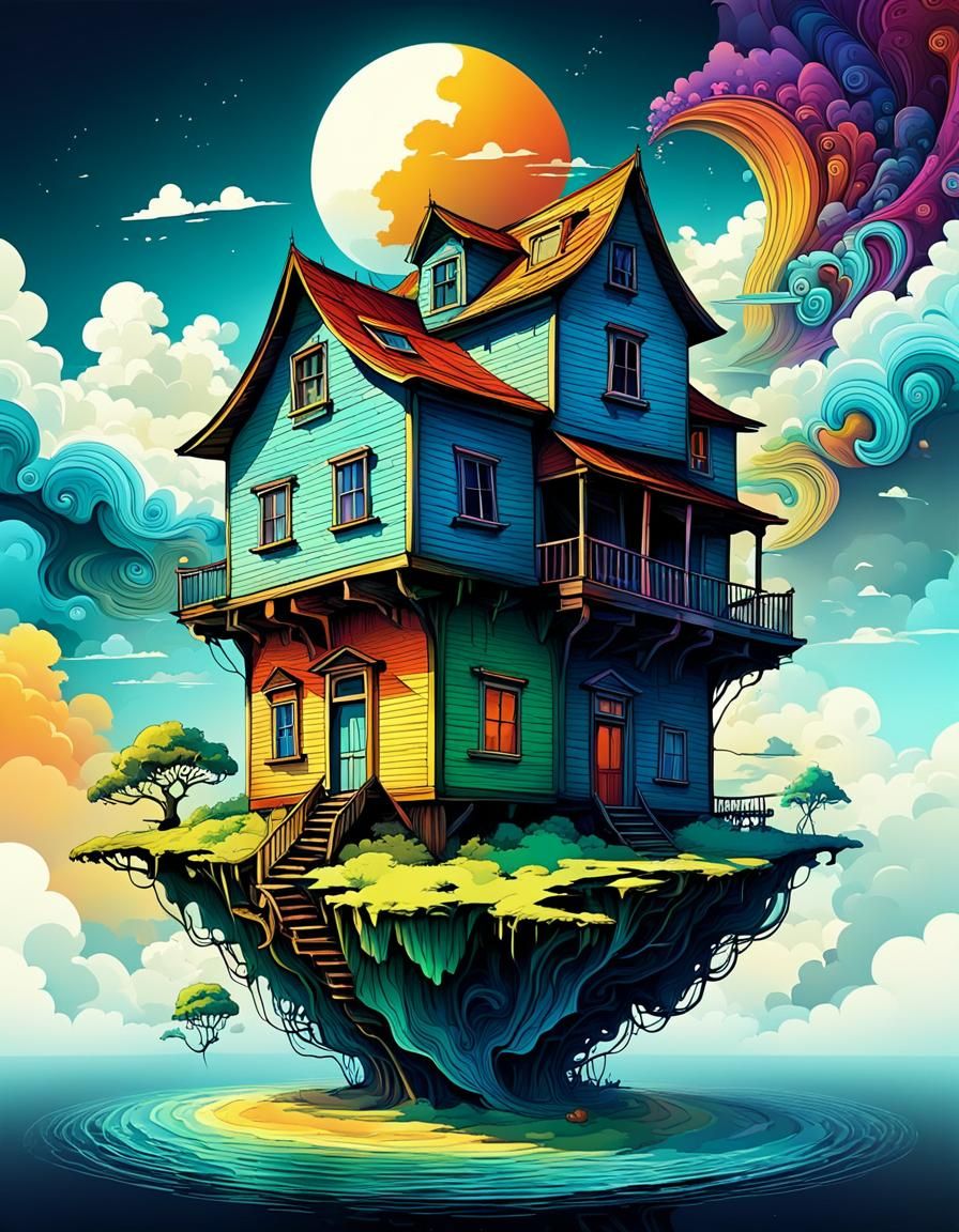 “Colorful, multi-storey rickety old house on a tiny island floating in ...