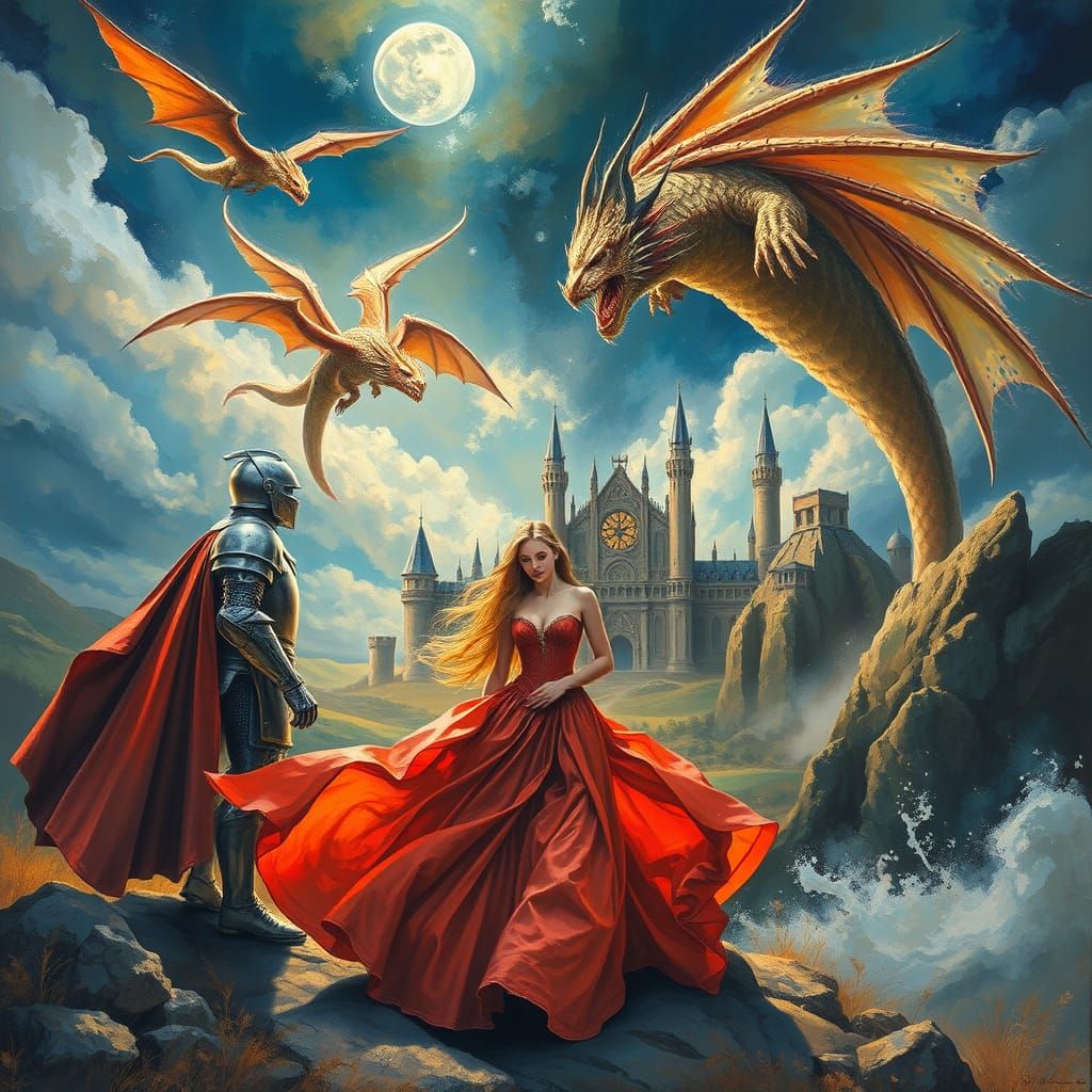 Ethereal Knight Protects Damsel in Majestic Dreaml... - AI Art