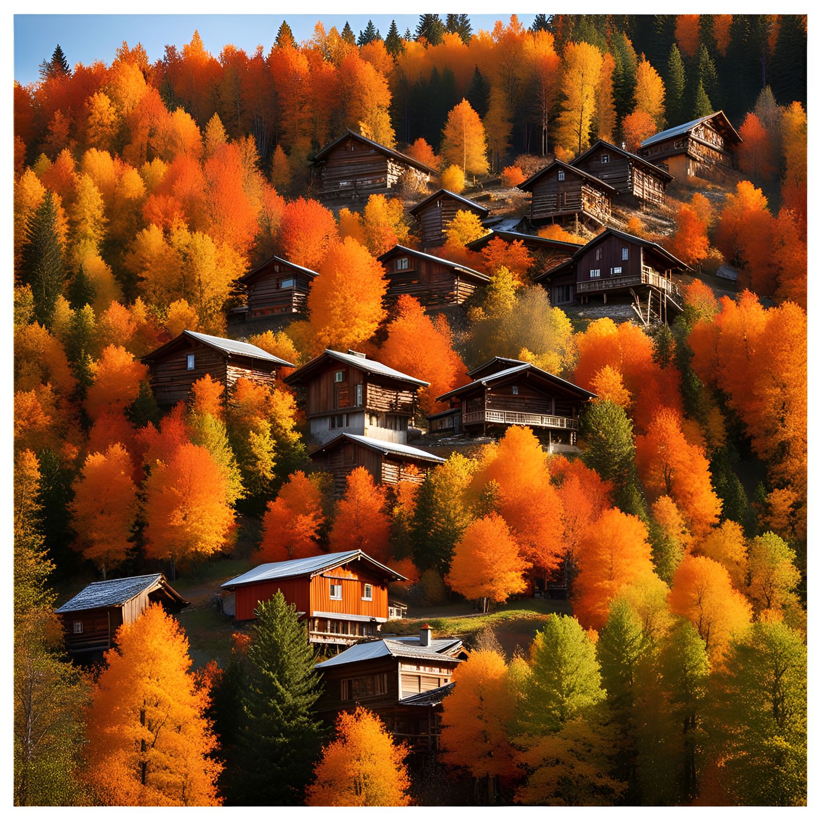 orange coloured, small village, rustic, orange wood buildings ...