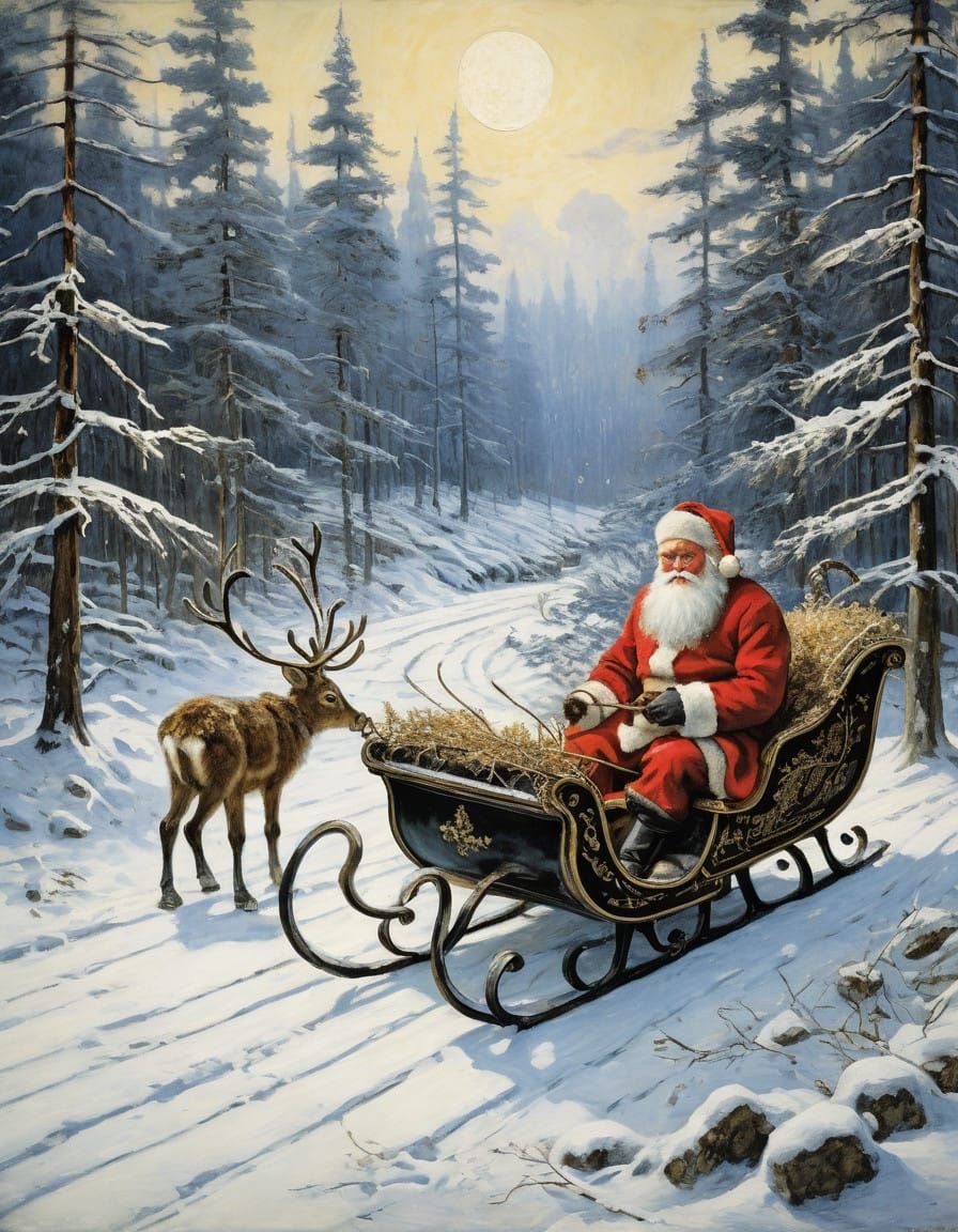 A whimsical winter scene in miniature: Santa Claus, dressed in his ...