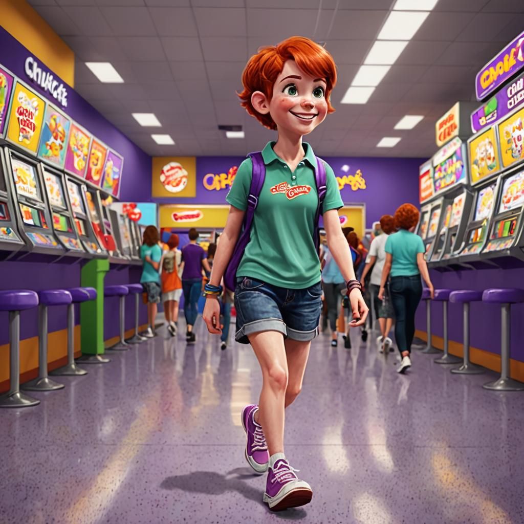 Redhead girl with a pixie cut walking barefoot at Chuck E Cheese ...