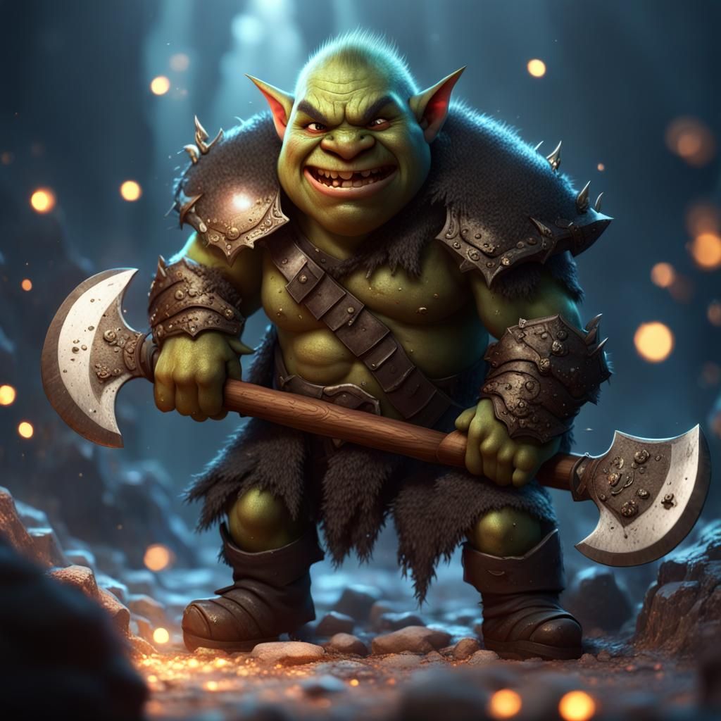 A cute little orc with big fangs and broad shoulders with an axe bigger ...