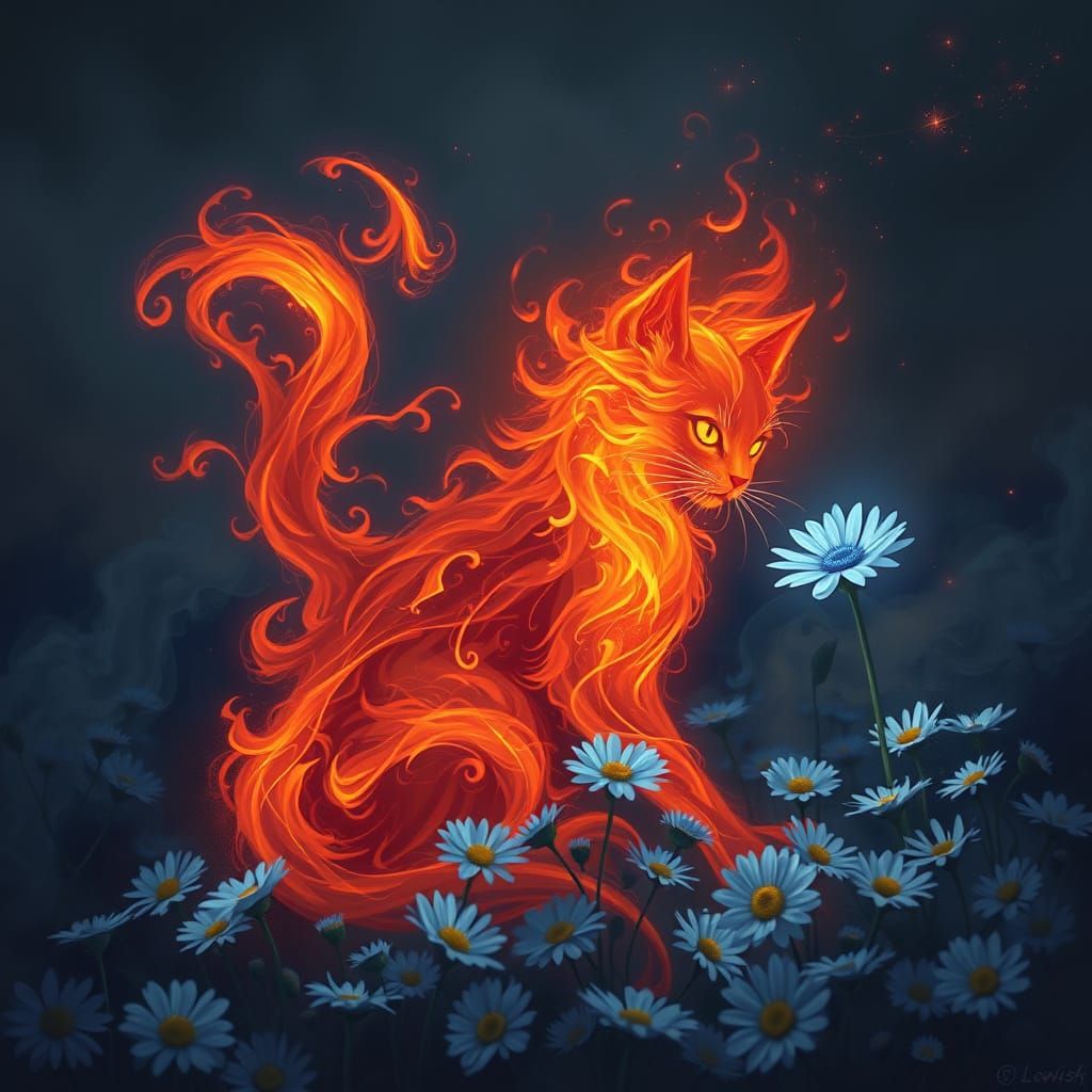 Fiery Cat with Blue Daisy in Dreamy Field - AI Art