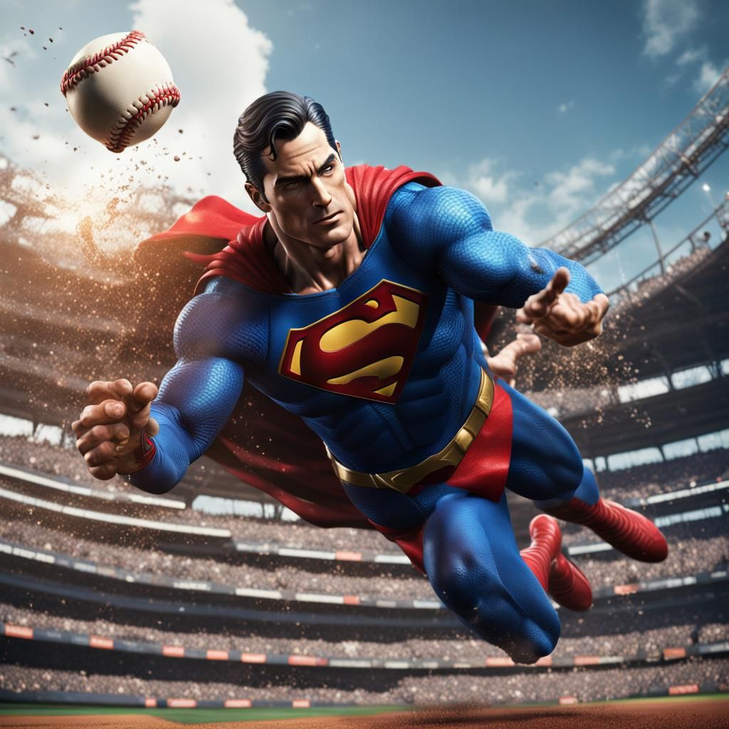 Superman catching a baseball at game detailed matte painting, deep ...