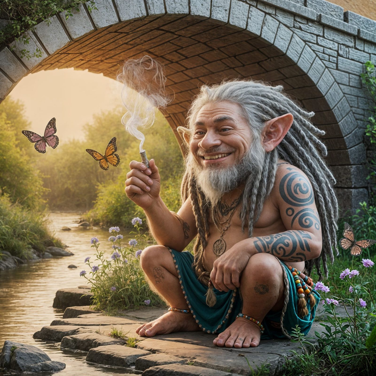 Happy Hippie Troll Smoking Under a Bridge - AI Art