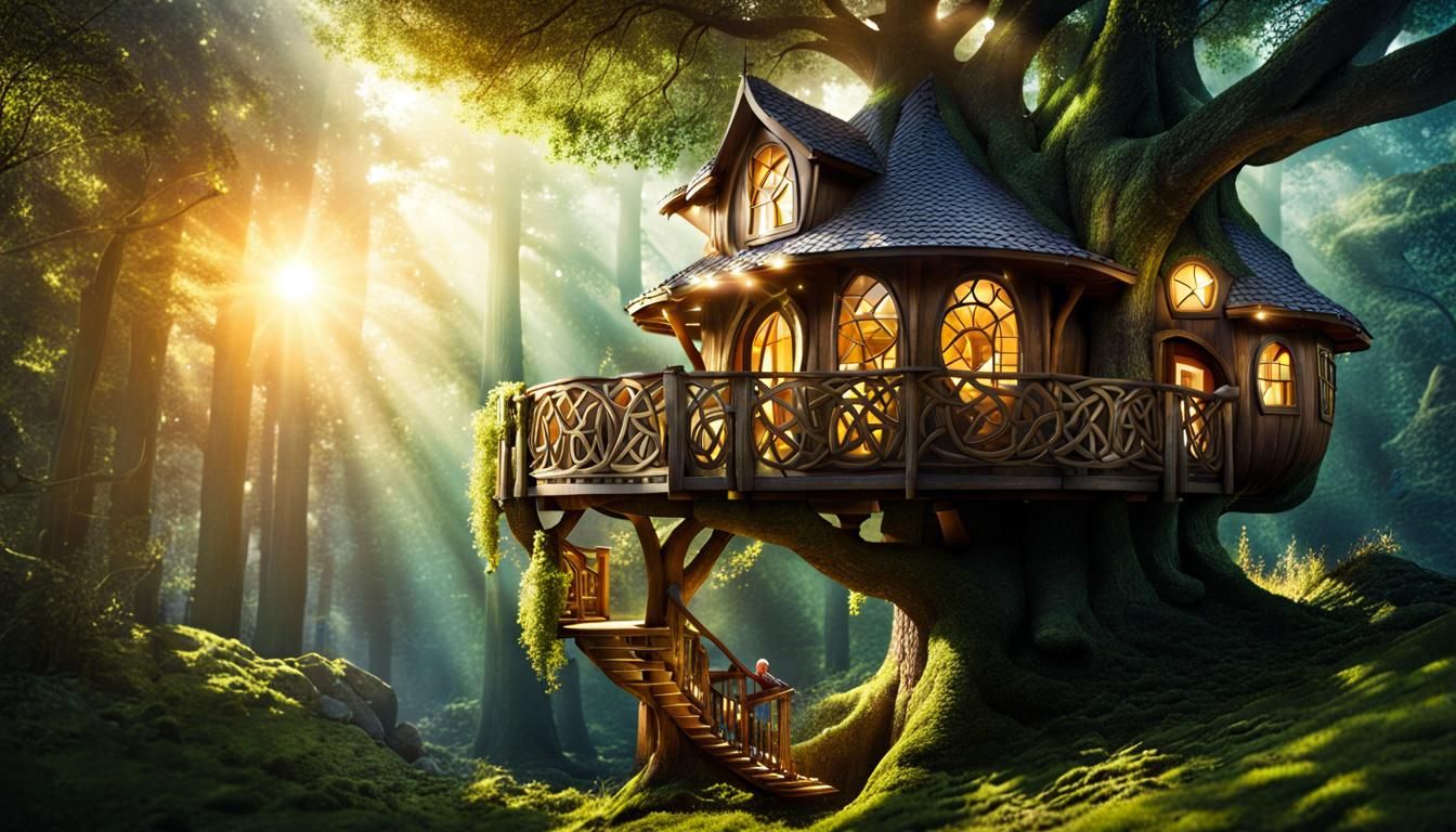 An elegant treehouse for elves inside a mystical forest, three floors ...