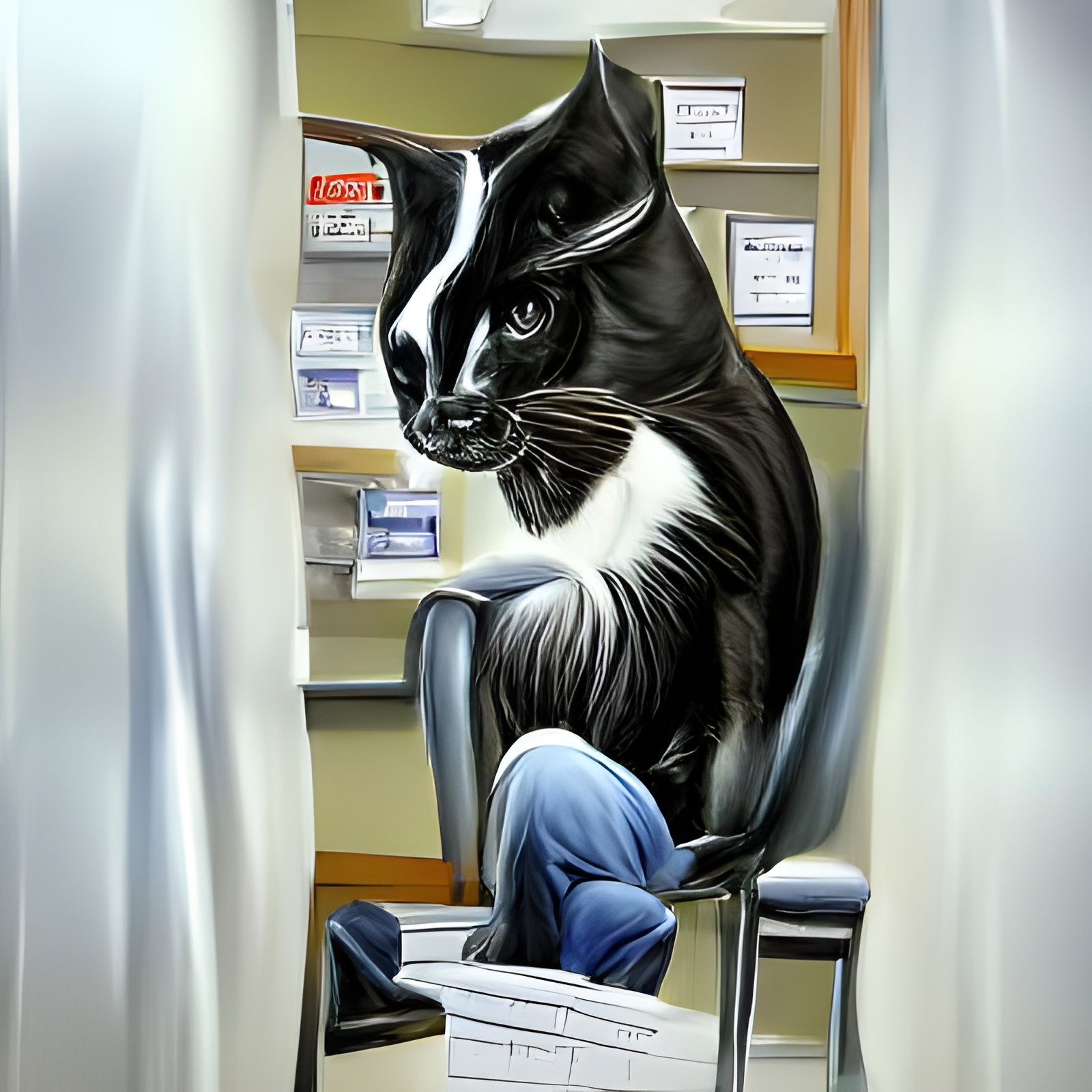 A black and white cat sitting in the Vet's office: a photorealistic ...