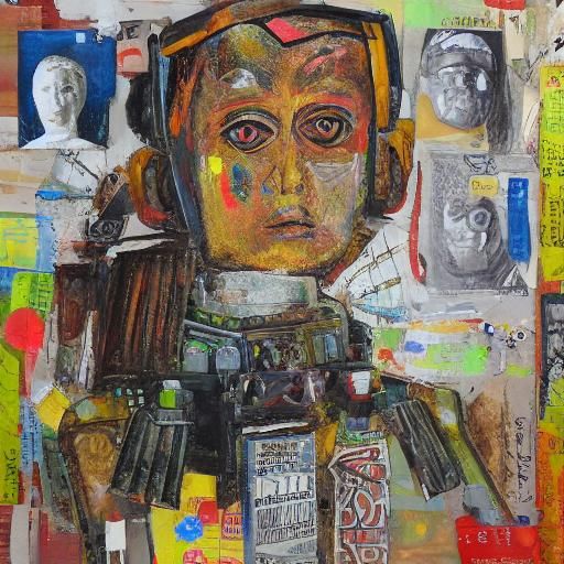 College, mixed media. portrait of a scrap robot, paper, paint, pastels ...