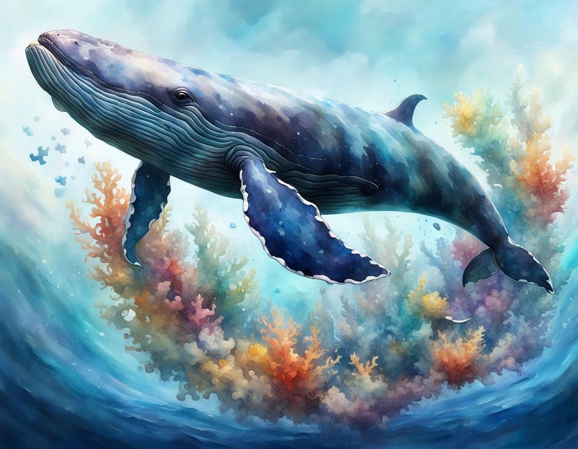 realistic multi-colored, watercolor humpbacked whale swimming in a ...