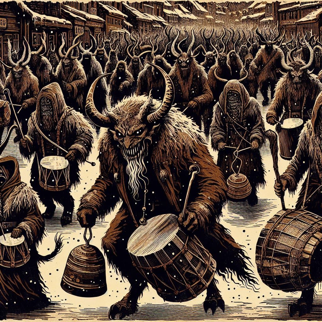 A dark, moody woodcut illustration of a frenzied Krampus festival ...