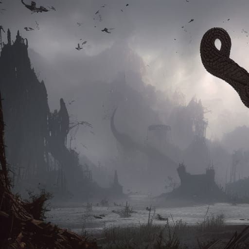 swamp, 7 snakes flying in the sky, a masterpiece, 8k resolution, dark ...