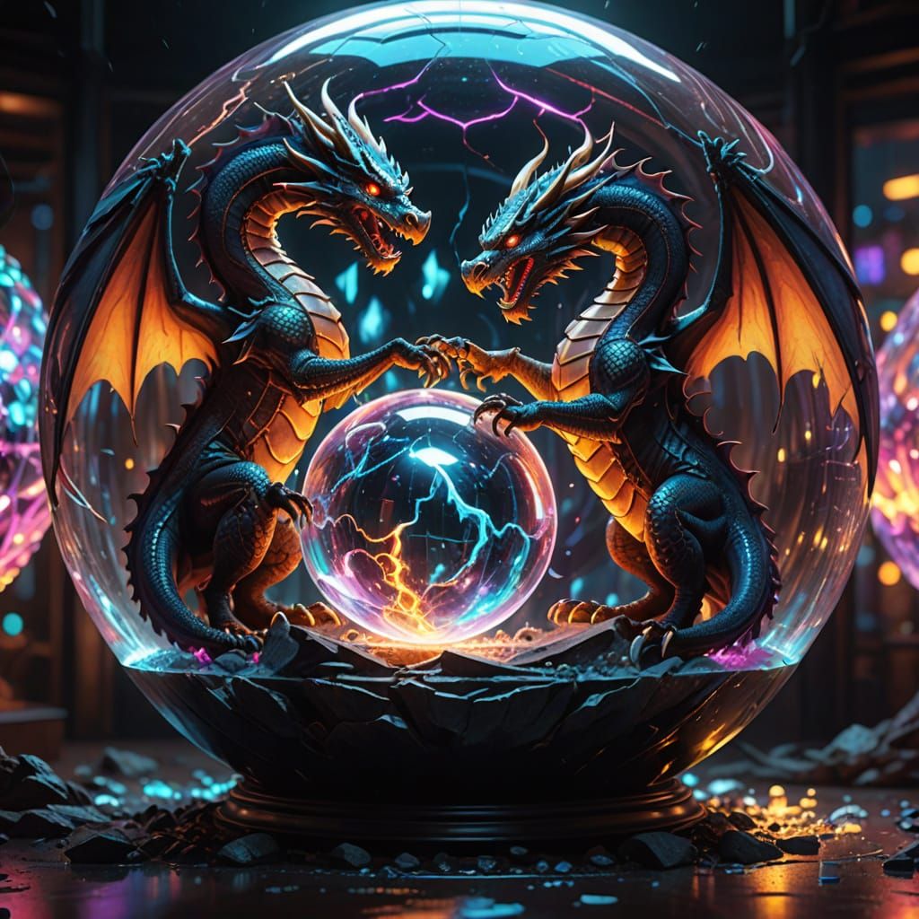 Two dragons clash inside a sphere. - Surreal Dragons Engage ...