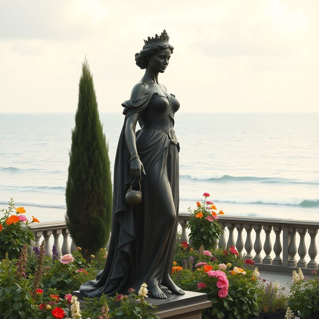 Bronze Princess Statue in Elegant Seaside Setting - AI Art