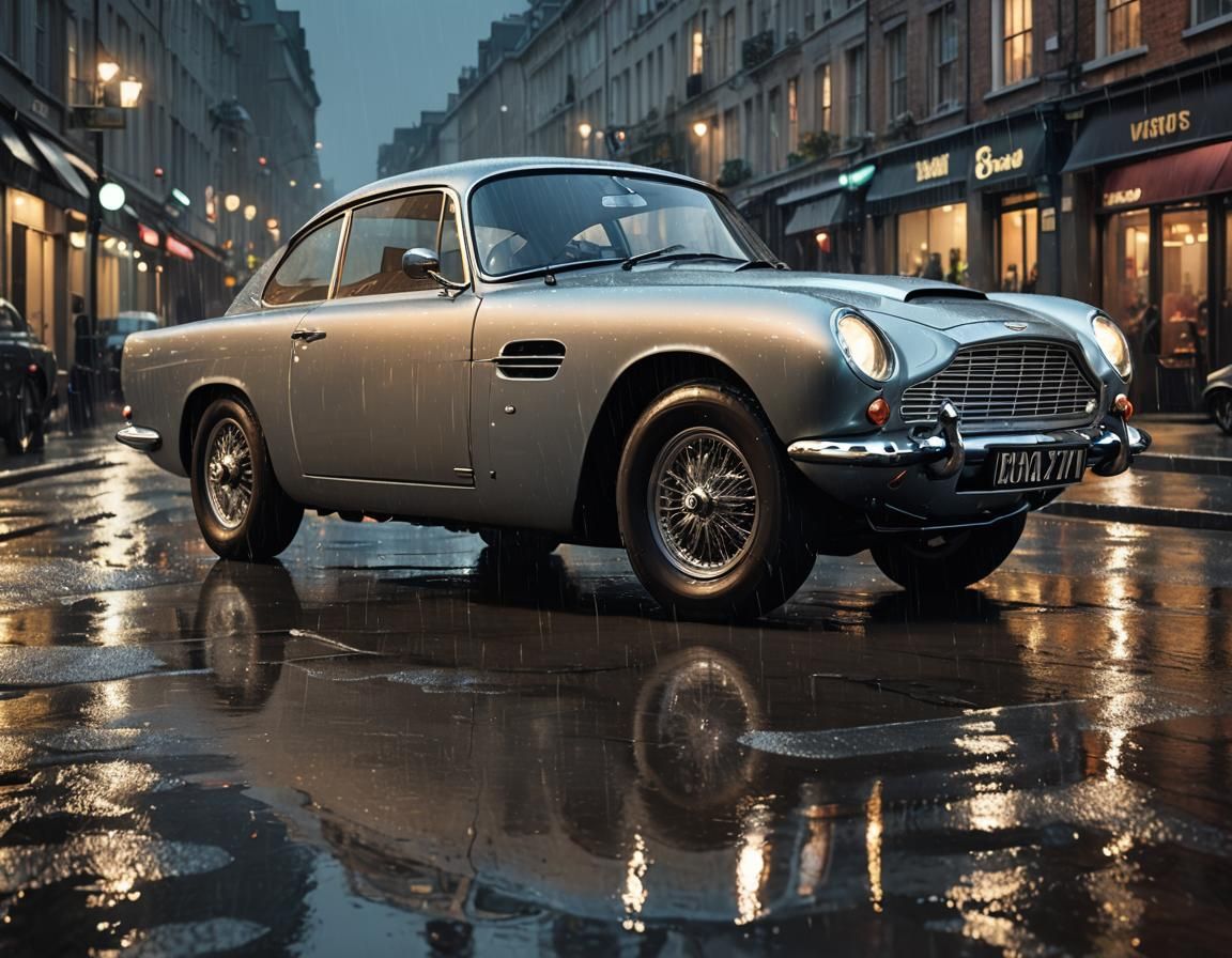 Aston Martin DB5 in city rain reflective lights on the wet pavement ...