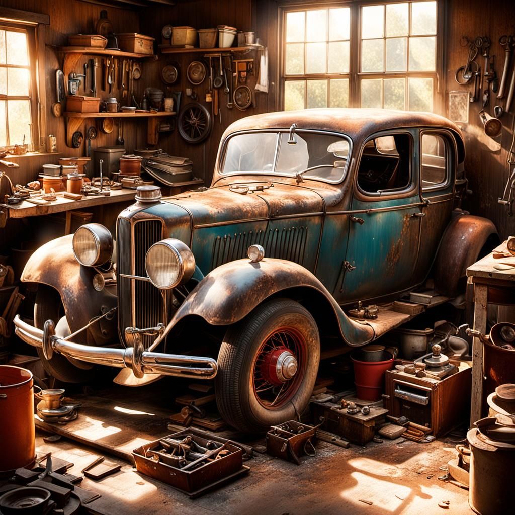 A grease-covered mechanic works on a vintage car in a cluttered garage ...
