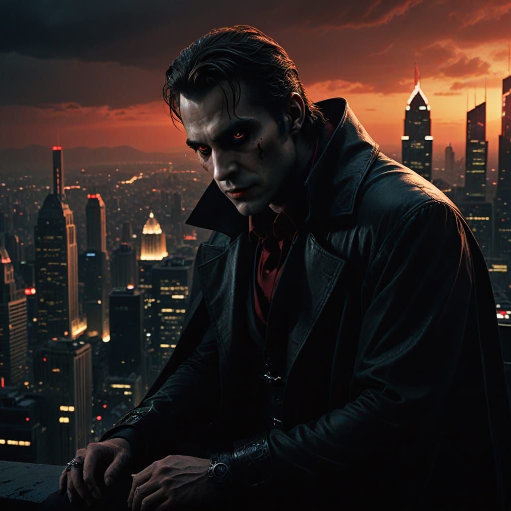 Modern-Day Vampire in Dark, Gritty Skyscraper Lair - AI Art