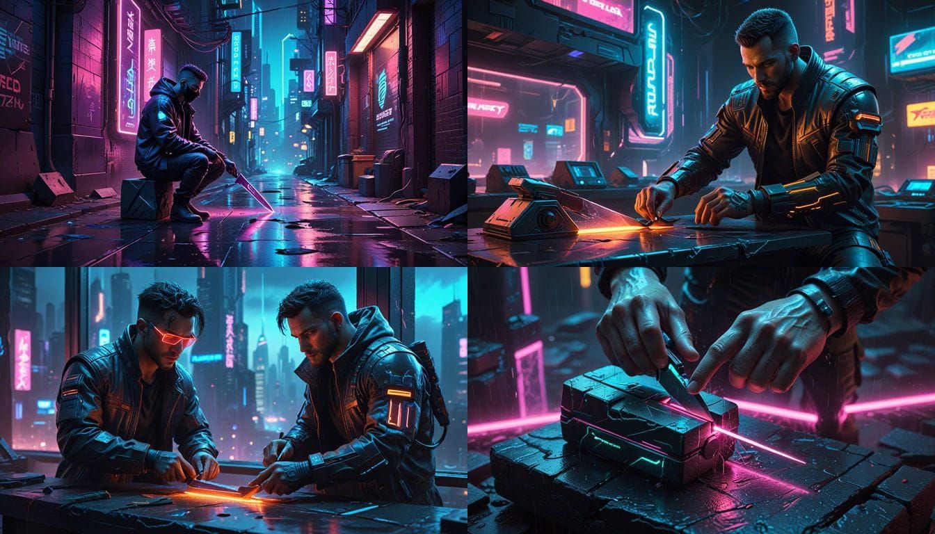 Cyberpunk Blade Runner Knife Sharpener in Neon Col... - AI Art