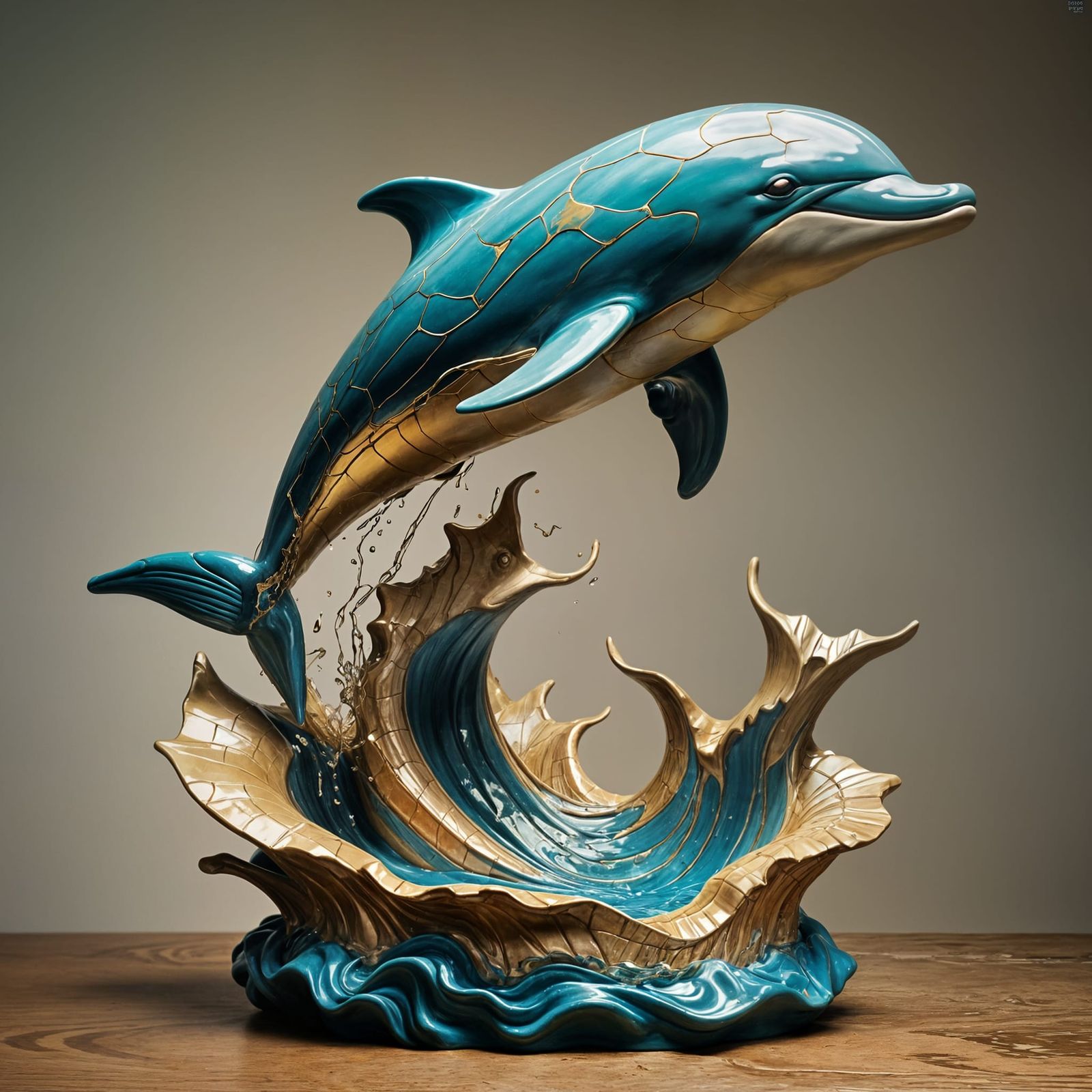 A clay sculpture of a huge clay dolphin leaping out of the water