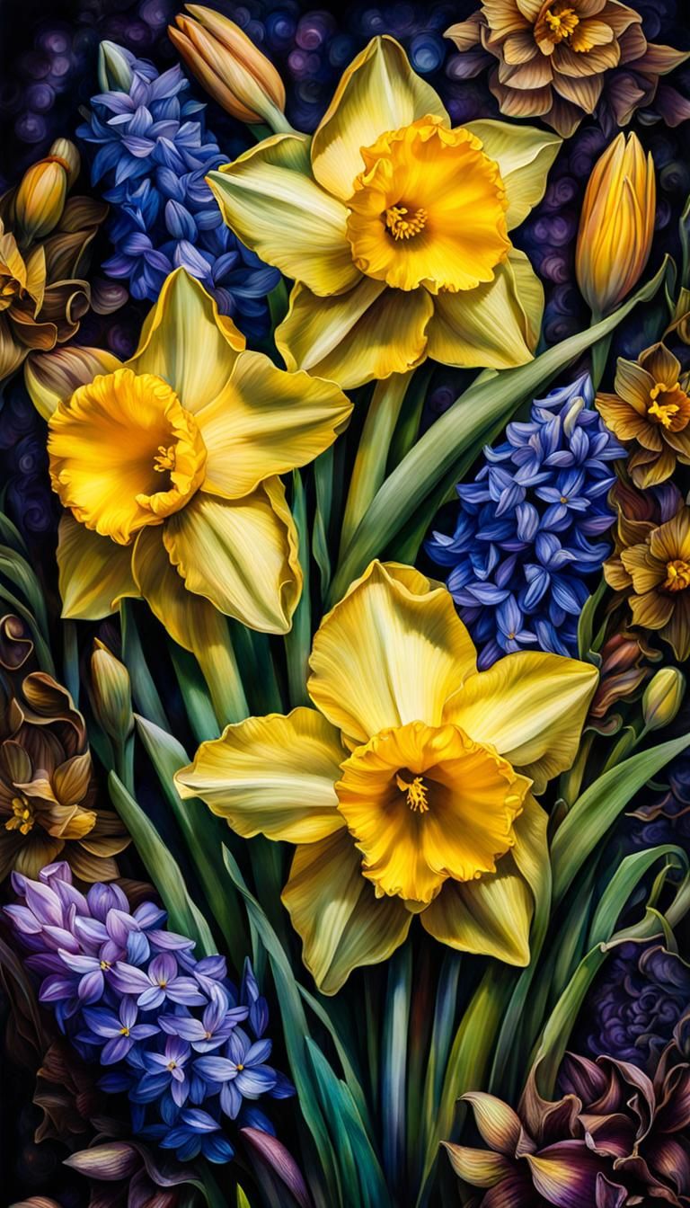 Intricately detailed Alcohol ink image of daffodils and hyacinths ...