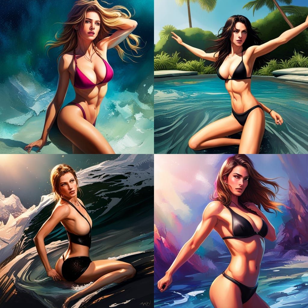 Major Anri wearing a black bikini emerging from a clear pool of water, Hyperrealistic, splash ...