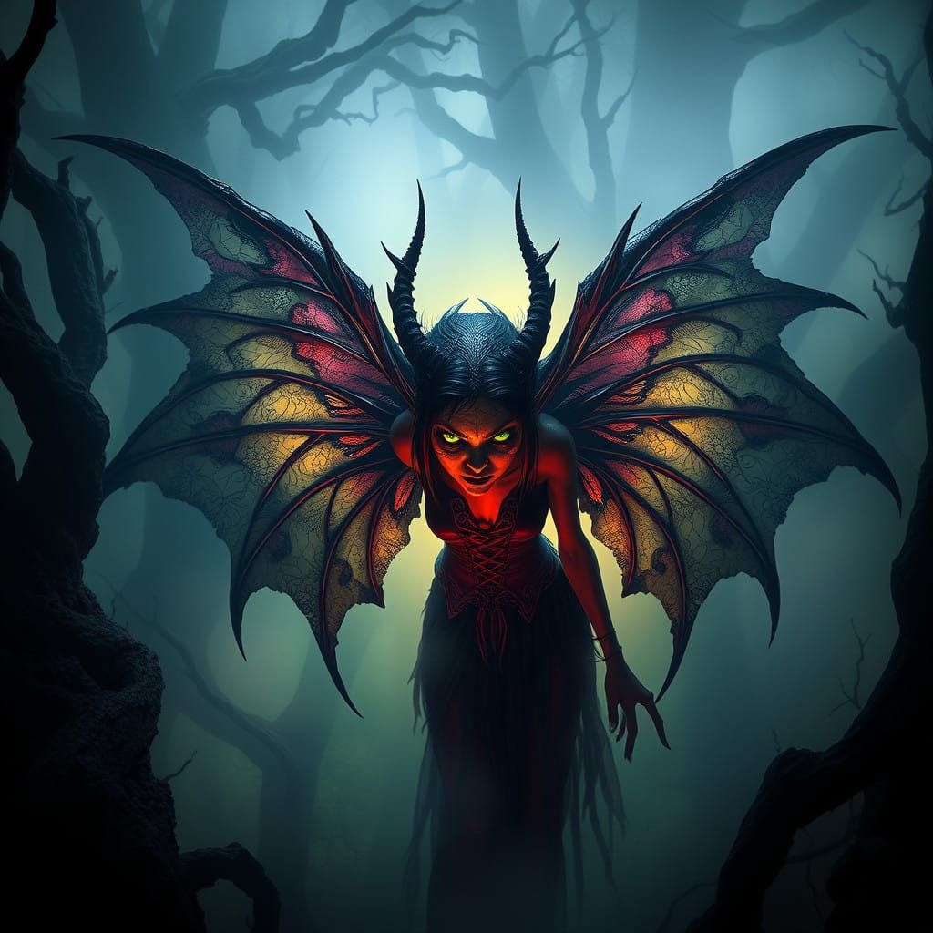 Dark Fantasy Evil Fairy in Foreboding Woods - AI Art