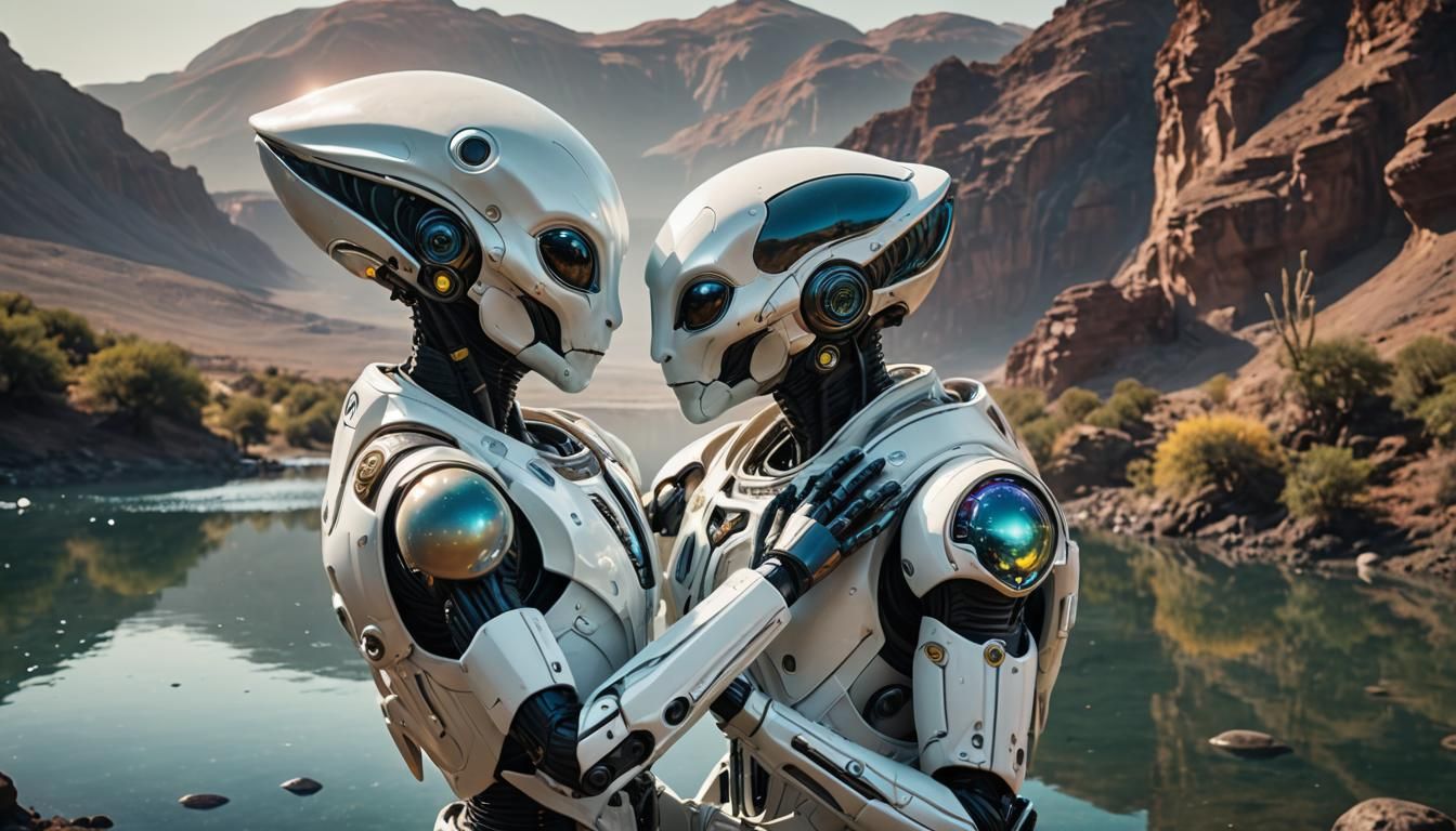 Sibling Adventure: close up of a alien hugging his robot friend, white ...