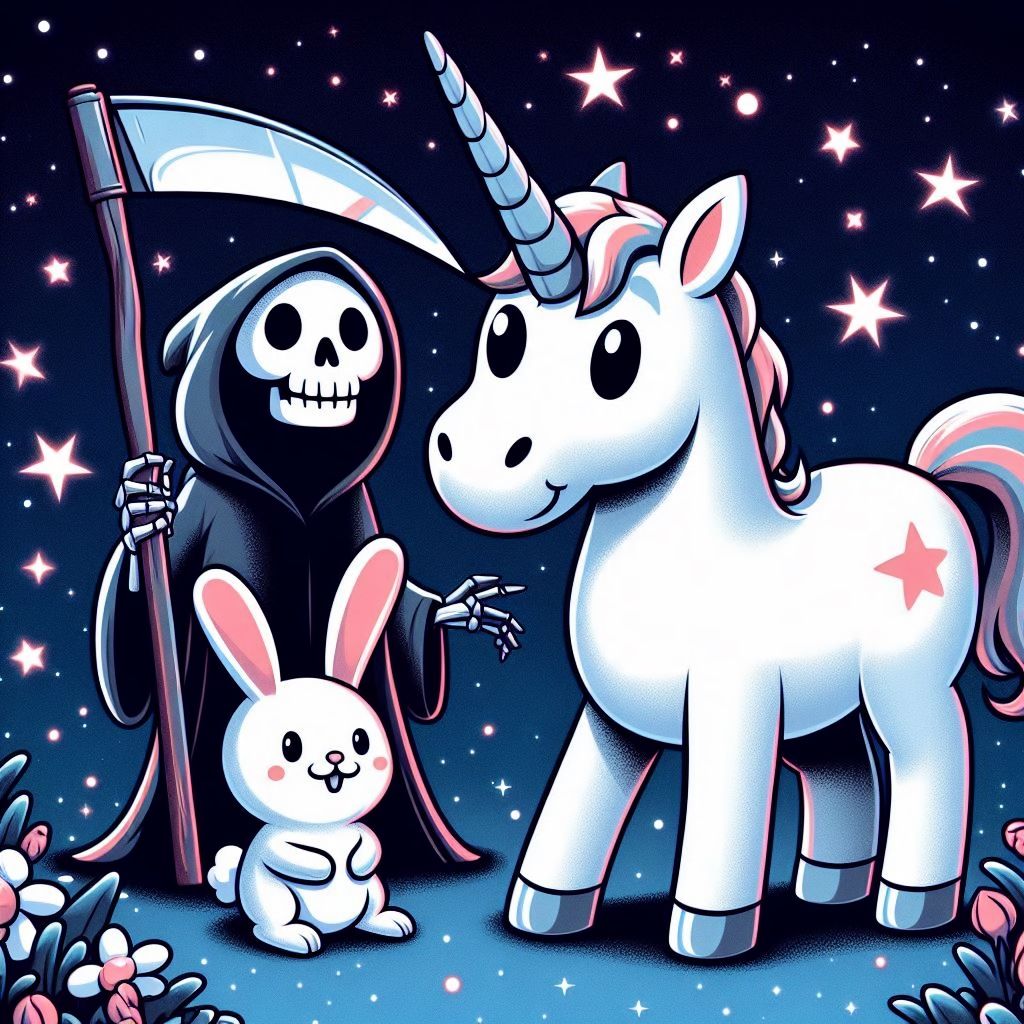 Death, Bunny and Unicorn - AI Generated Artwork - NightCafe Creator