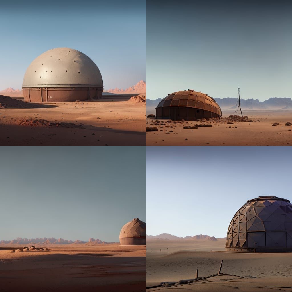 ruined geodesic dome in a desert and concrete bunker with radio antenna ...